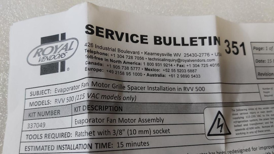 ROYAL RVV 500 EVAPORATOR FAN MOTOR GRILLE SPACER KIT #337049 (7818 ...
