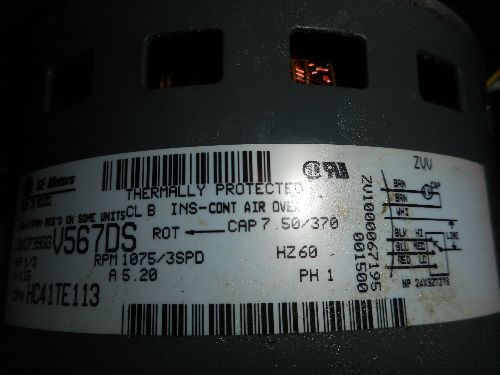 GE Motors 5KCP39GGV567DS Blower Motor 1/3HP 1075RPM 3SPD 115V HC41TE113 ...