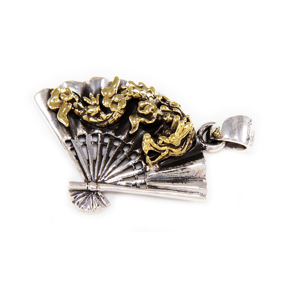 JAPANESE DRAGON FAN 925 STERLING SILVER ROCKABILLY BRASS BIKER PENDANT ...