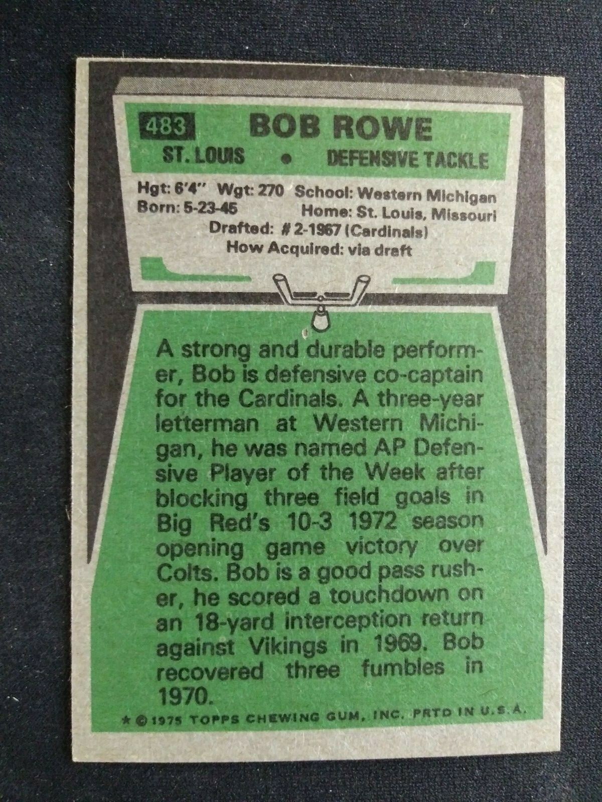 1975 Topps Football Card # 483 Bob Rowe - St. Louis Cardinals | eBay