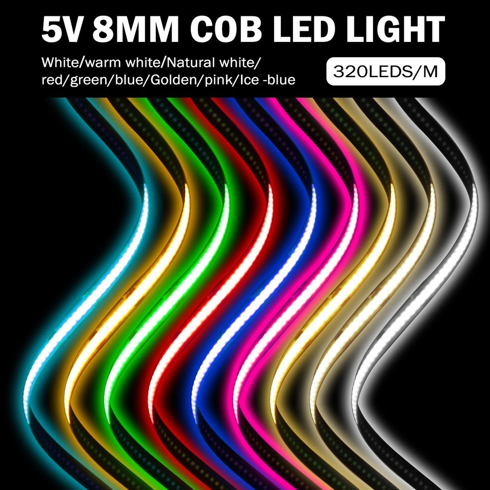 5V COB LED Strip Light 8mm 320LEDs/M High Density Flexible Tape White ...