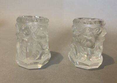 Pair of Vintage Lalique Style Art Glass Toothpick Holders w Figural ...