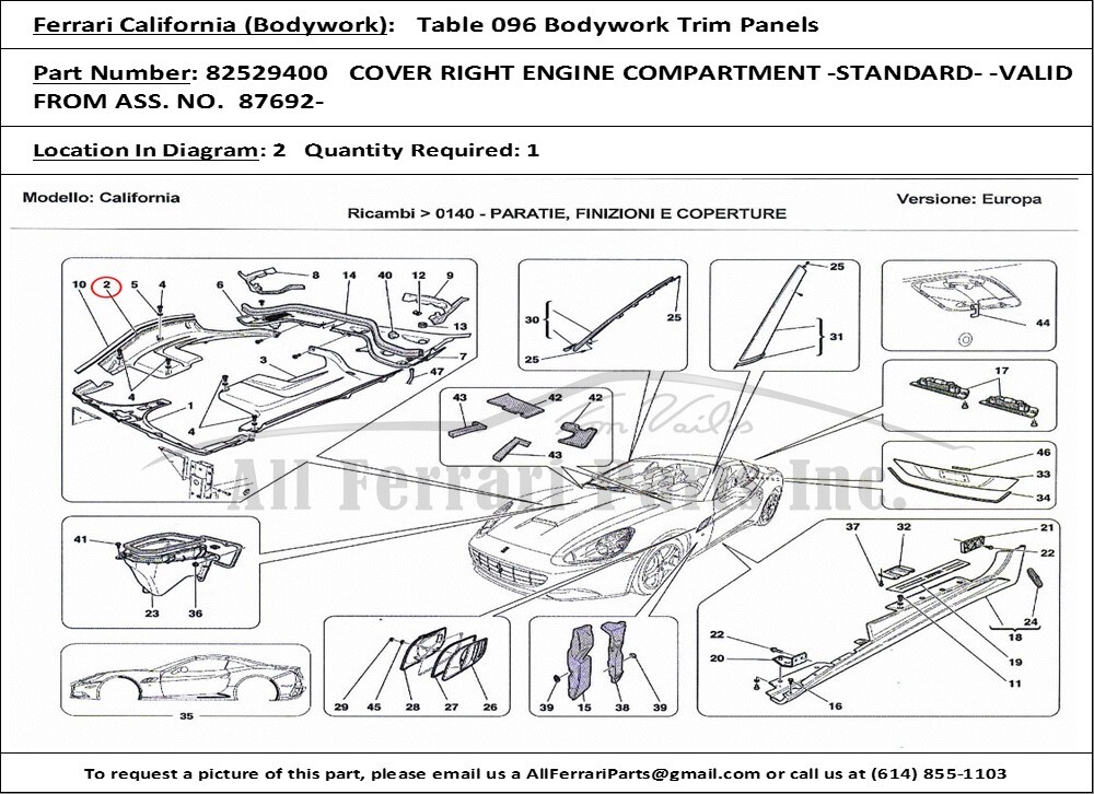Ferrari California RH Engine Compartment Cover 82529400 OEM A1 for sale ...