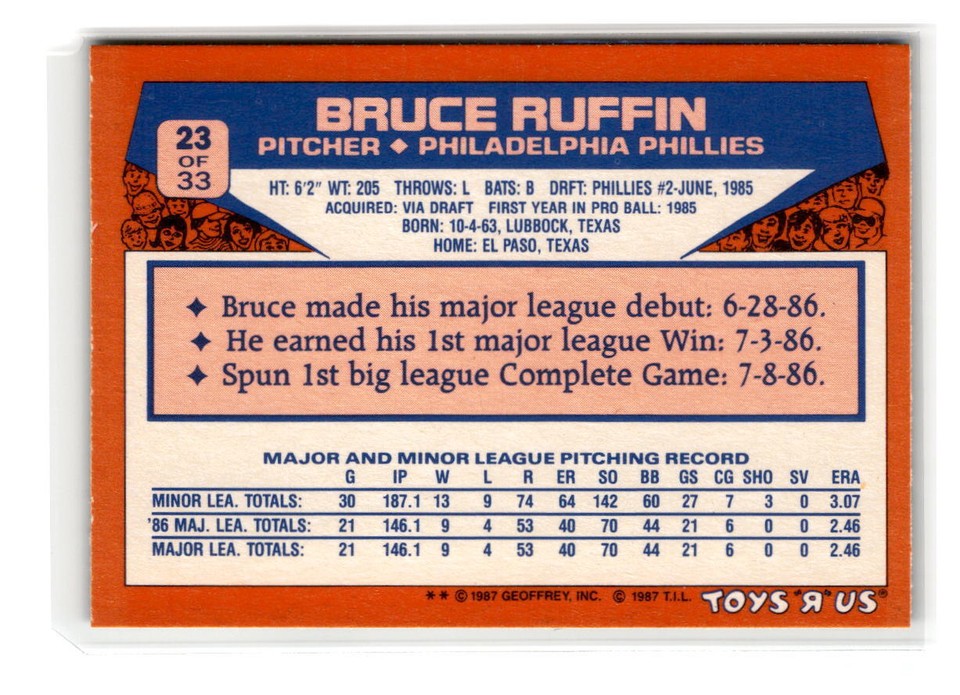 1987-Topps Toys R Us Rookies -#23-Bruce Ruffin -Philadelphia Phillies ...