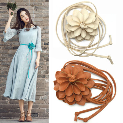 Women PU Leather Flower Belt Waist Rope Fashion Braided Self Tie ...