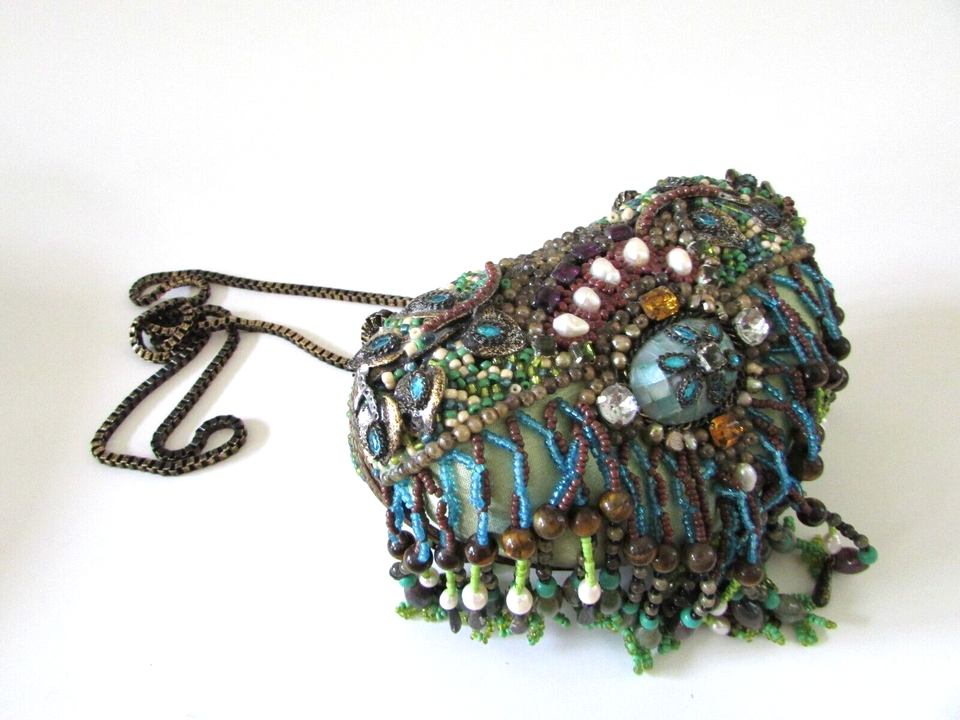 Mary Frances Small Heart Green Beaded & Fringed Evening Bag | eBay