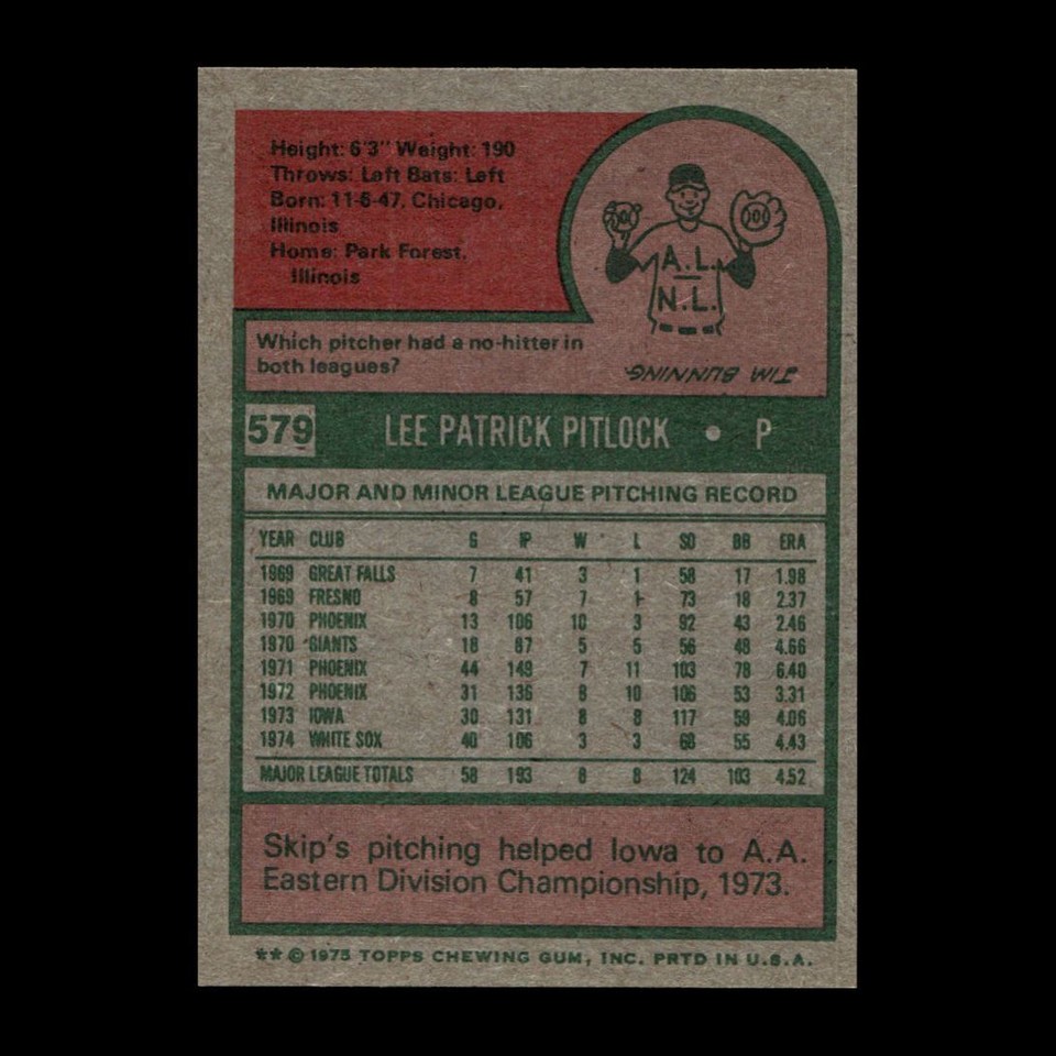 Skip Pitlock 1975 Topps Chicago White Sox #579 GM R305 | eBay