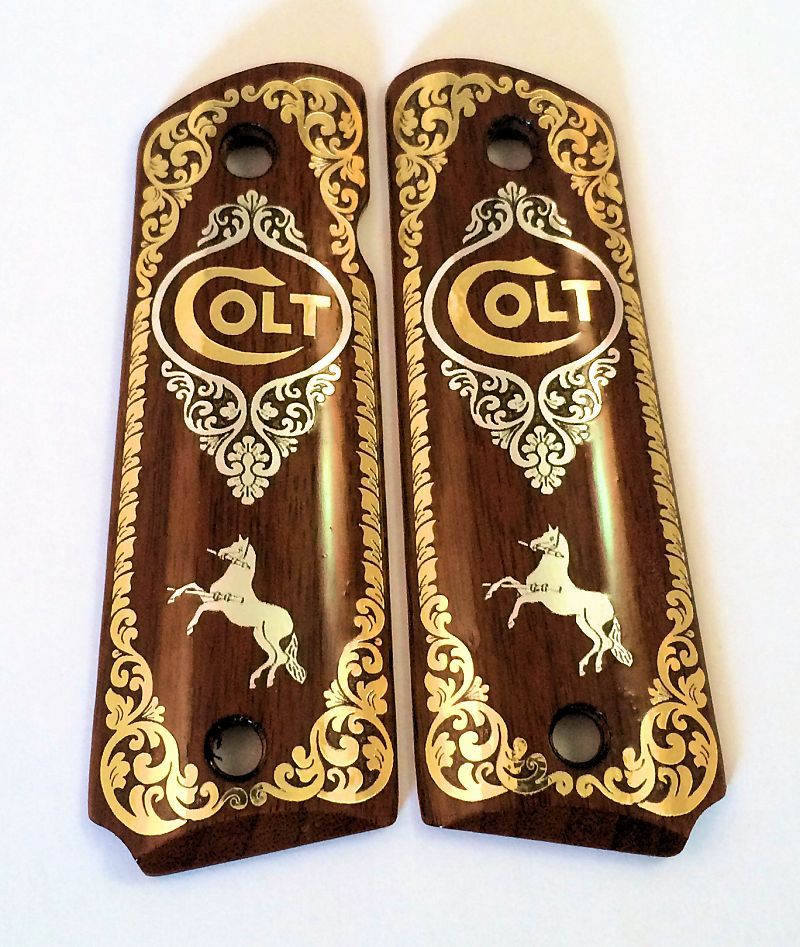 COLT 1911 full size custom wood grips gold silver rampant horse logo ...