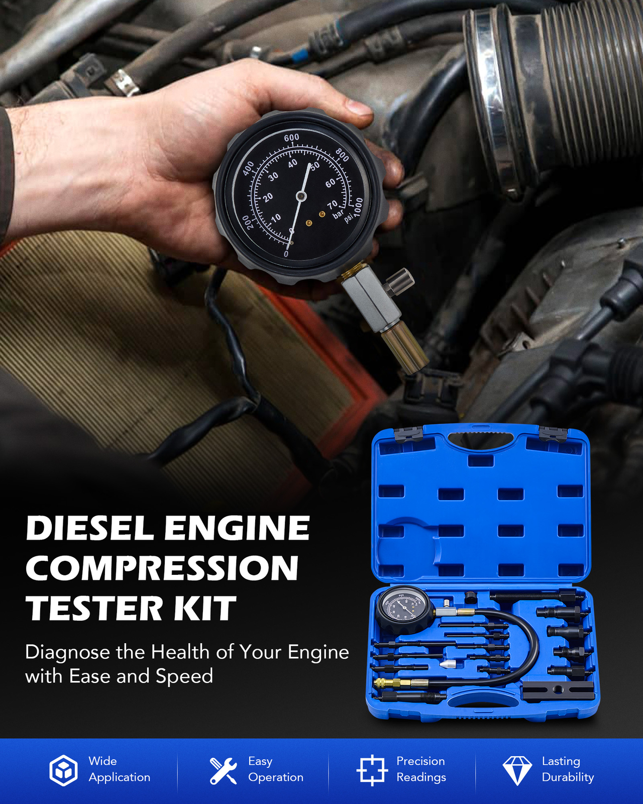 OMT 16pc Diesel Engine Compression Tester Kit Cylinder Pressure Test ...