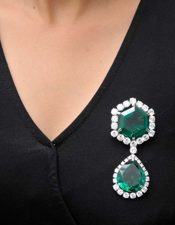 Hexagon & Pear Sy Emerald Brooch 925 Sterling Silver Art Deco Authentic ...