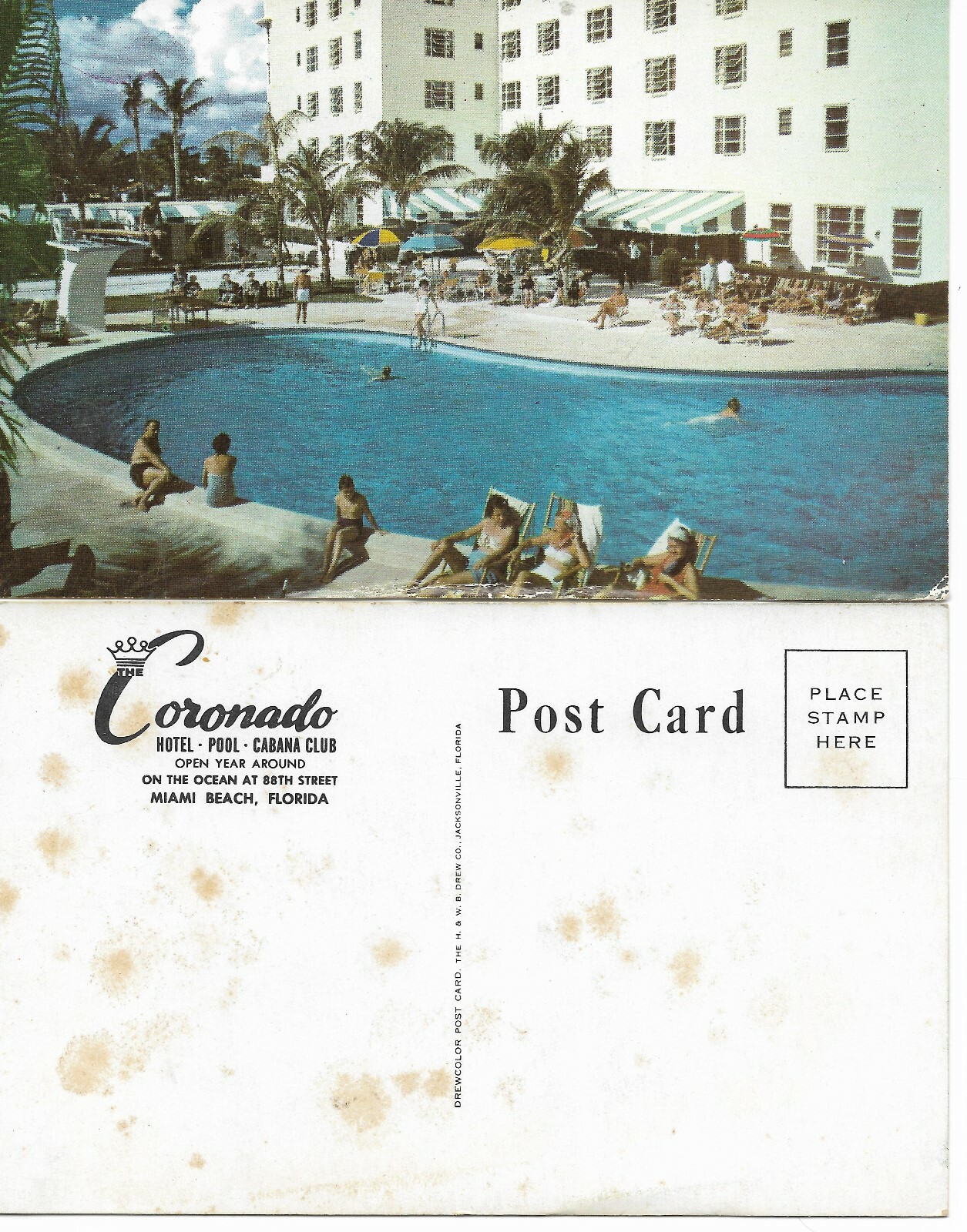 NICE VINTAGE POSTCARD CORONADO HOTEL POOL CABANA CLUB MIAMI BEACH ...
