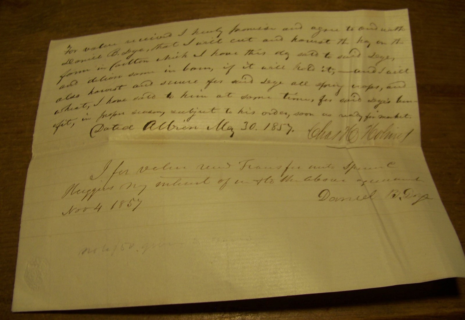 1857 LOT OF 2 ANTIQUE ALBION NY FARM HAY CUTTING RECEIPT CONTRACT ...