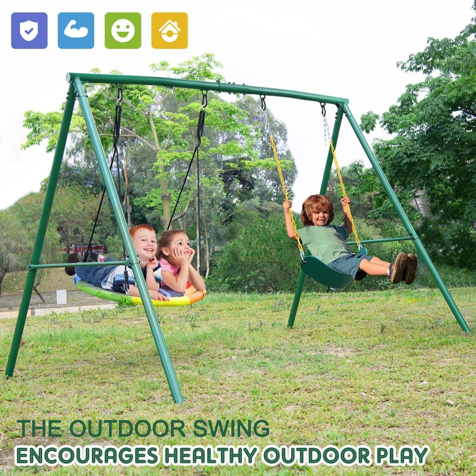 440lbs 2 Seats Swing Set Heavy Duty Metal Swing A-Frame Outdoor Playset ...