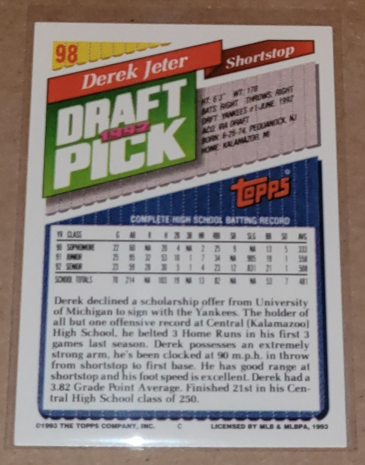 1993 TOPPS 1992 DRAFT PICK DEREK JETER ROOKIE #98 NEW YORK YANKEES HOF ...
