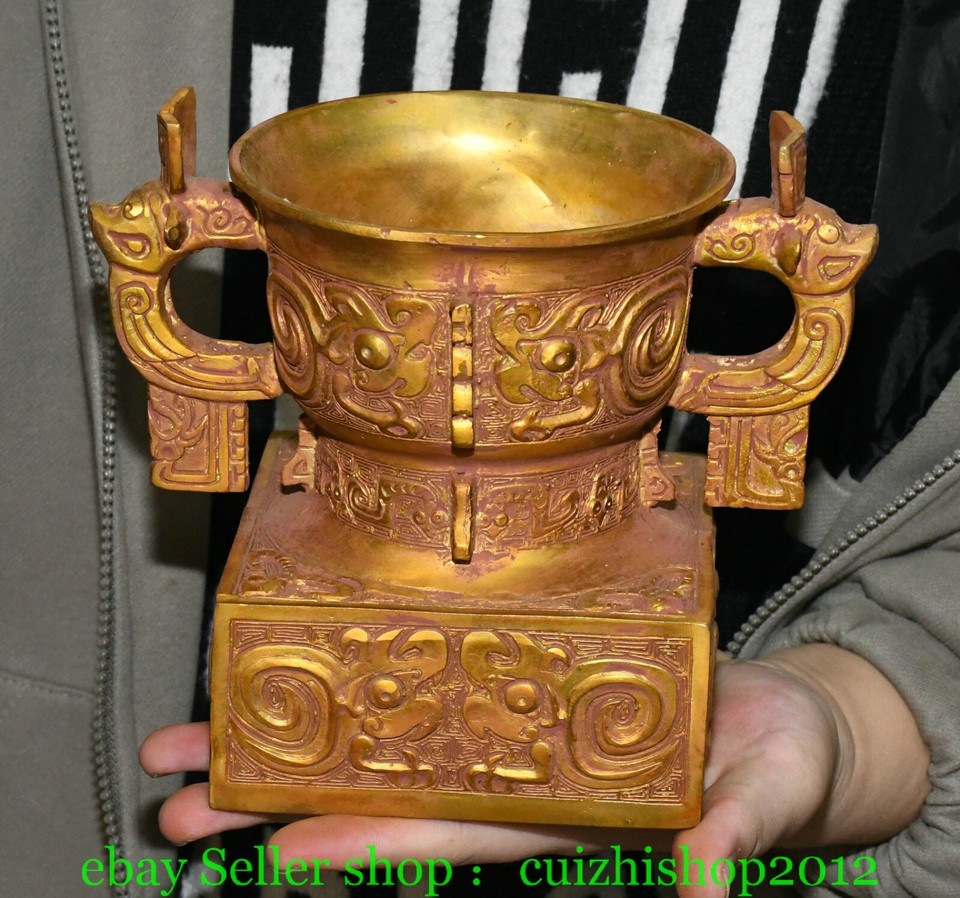 Old Dynasty Bronze Ware Gold Dragon Loong Beast Ear Zun Incense Burner ...