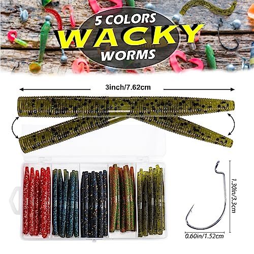 Wacky Worm Fishing Lure Kit, Bass C-50pcs 3" Wacky Worms &10pcs Hooks ...