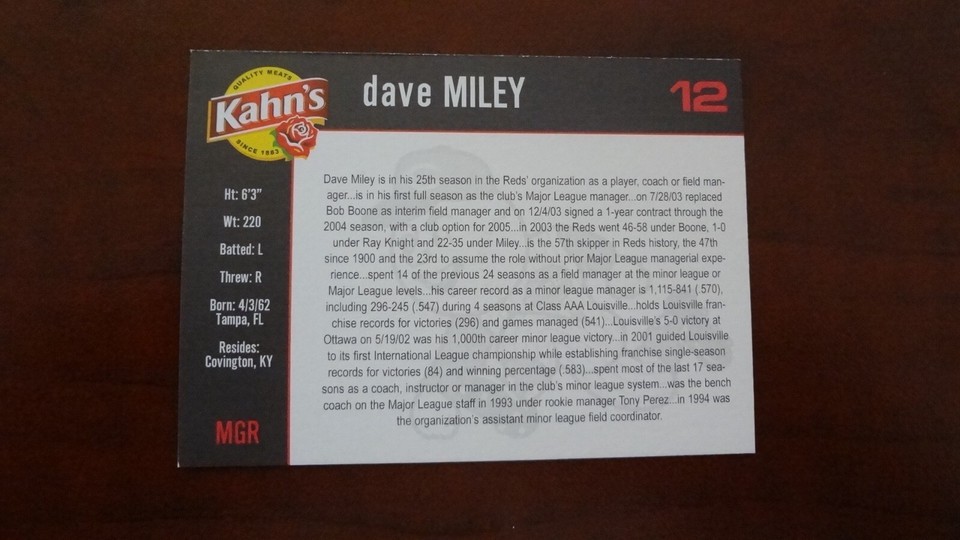 2004 KAHN'S CINCINNATI REDS DAVE MILEY BASEBALL CARD | eBay