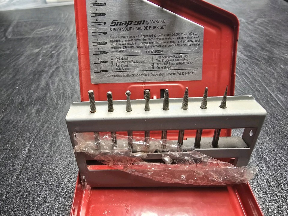 Snap-On Tools VWB700B 8 Piece solid Carbide Burr Set with Metal Case ...