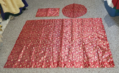 3 PC ALTAR PARAMENTS RED W/GOLD XMAS TREES BEAUTIFUL HAND CRAFTED USED ...