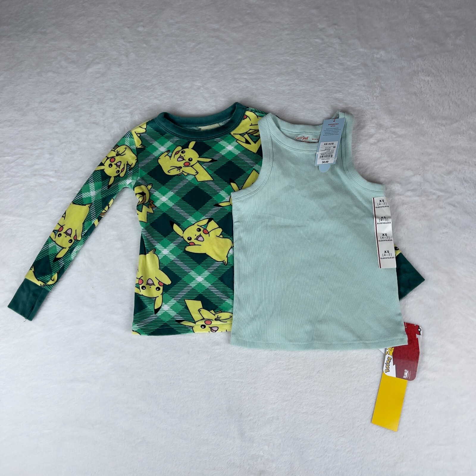Cat & Jack T-Shirt & Tank Set Kids XS 4/5 Green Pikachu Ribbed Super ...