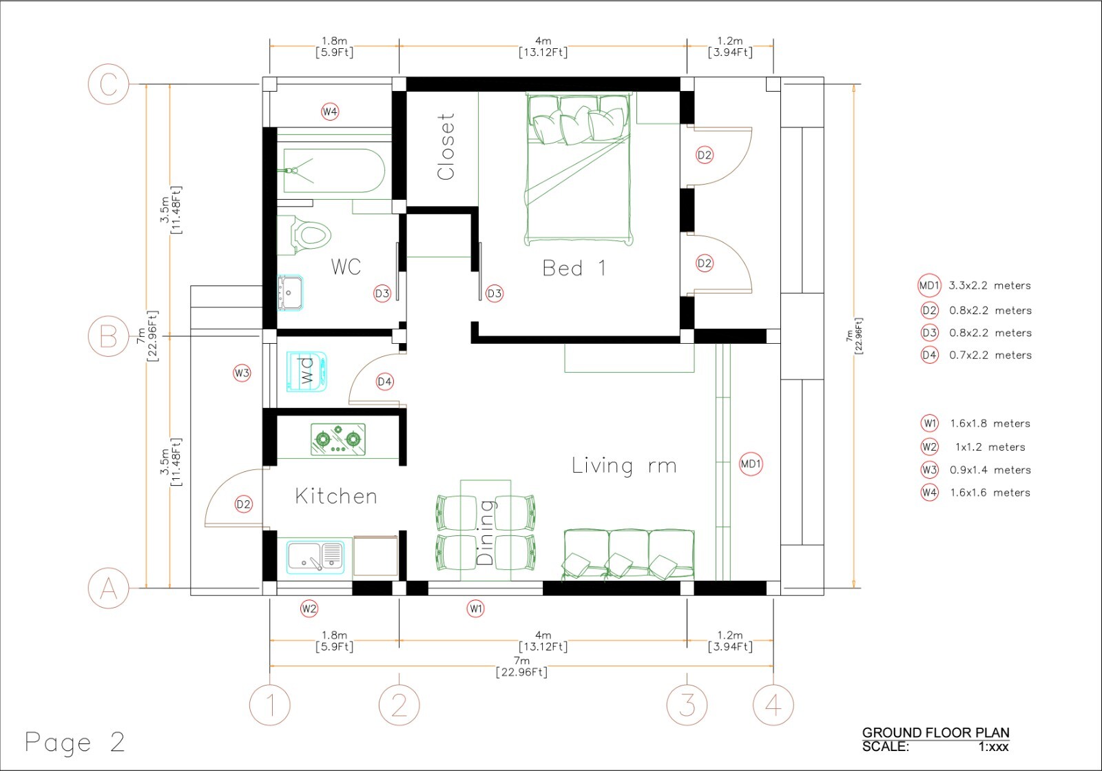 23x23 Feet Small Cabin Plans 7x7 Meter 1 Bed 1 Bath Shed PDF plan (A4 ...