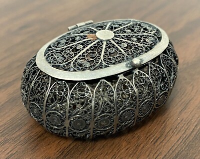 Antique MINIATURE Sterling Silver Filigree Wire Oval Open Work Pill ...