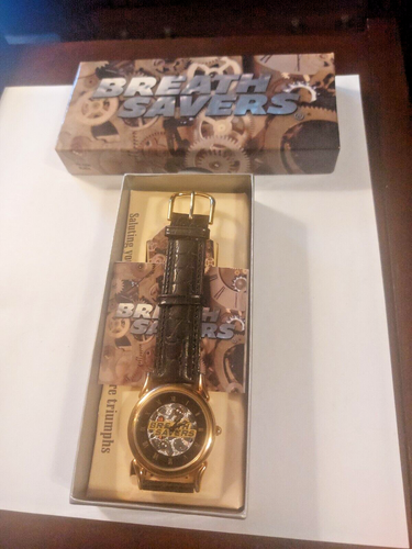 RARE Fossil Quartz MENS Watch Breath Savers Gold Tone Leather Band ...