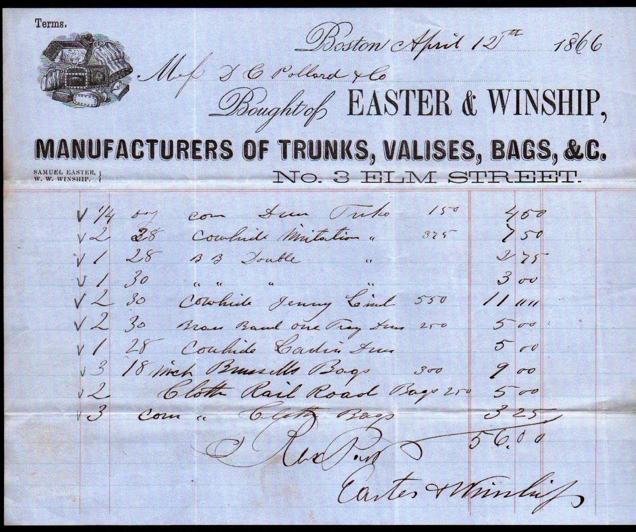 1866 Suitcases Trunks - Boston MA - Easter & Winship - History Letter ...