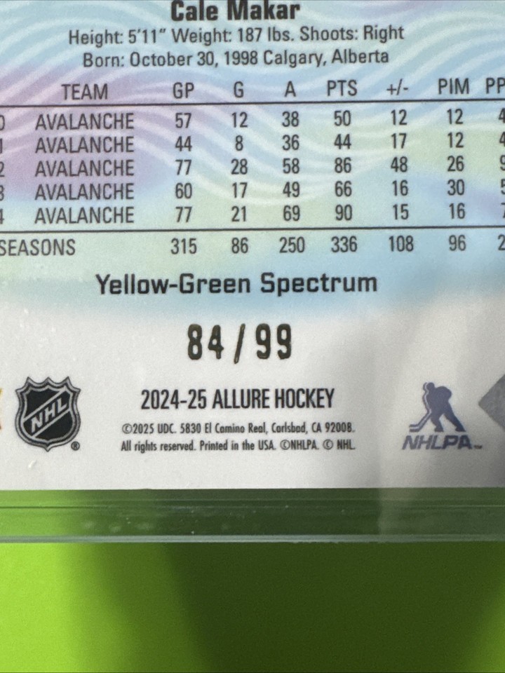 2024-25 Upper Deck Allure Hockey Cale Makar Color Flow Yellow Green ...