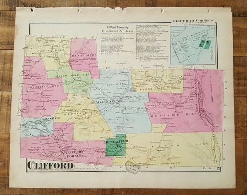 ANTIQUE Colored Map of CLIFFORD & CLIFFORD CORNERS, PA / A. Pomeroy ...
