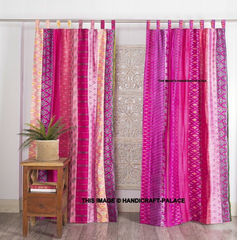 2 Pcs Indian Vintage Sari Patchwork Curtain Drape Window Decor Silk ...