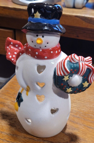 Hallmark Ceramic Snowman Holding Wreath Tealight Candle Holder/ Lantern ...