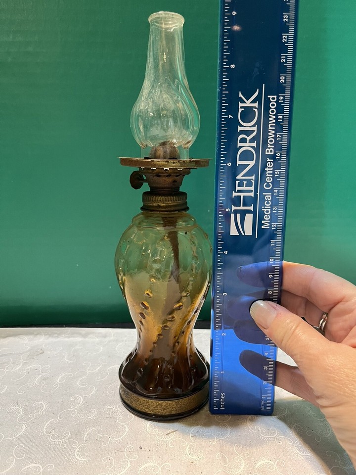 Antique / Vintage 9” Small Miniature Amber Glass Oil Lamp | eBay