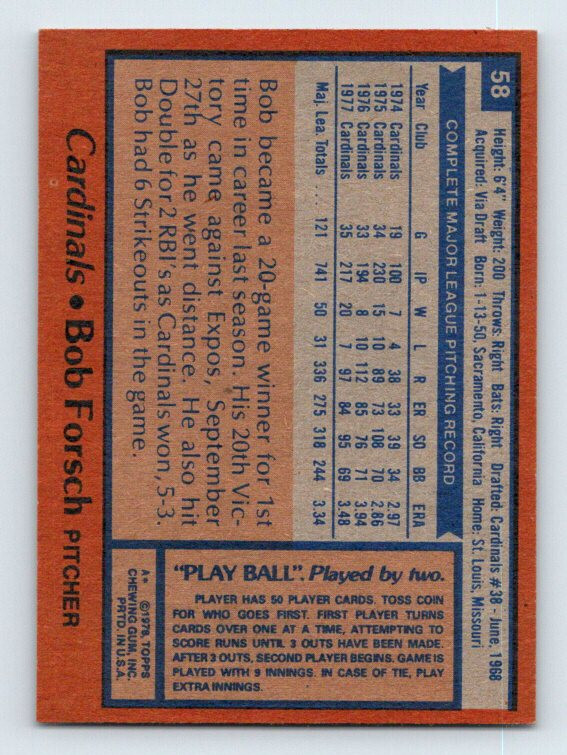 BOB FORSCH St. Louis Cardinals 1978 Topps Baseball Card B188 | eBay