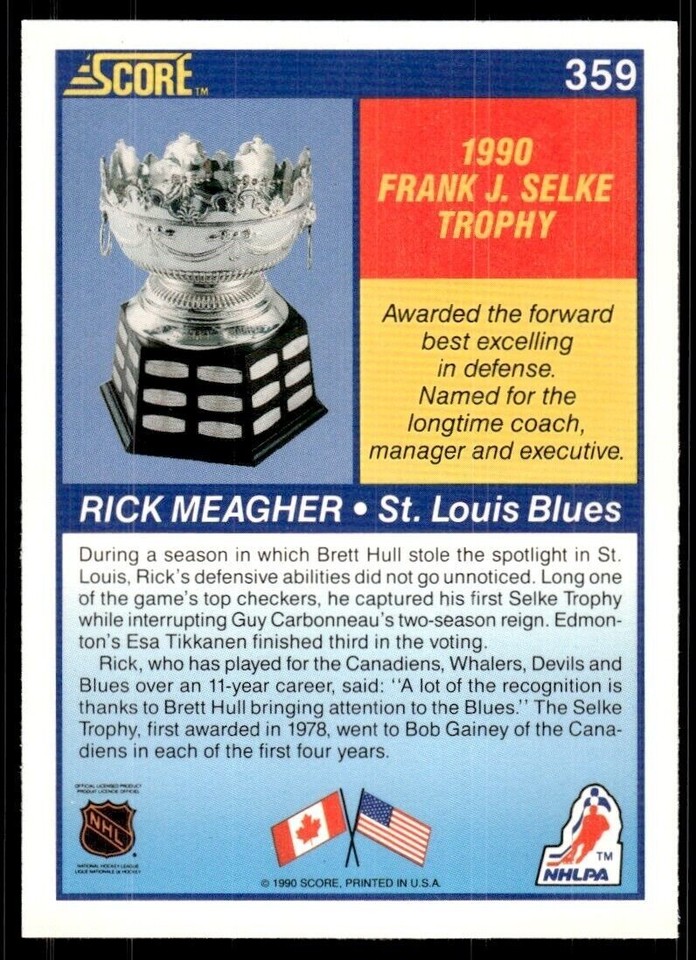 1990 SCORE NHL HOCKEY 😎 Rick Meagher, St. Louis Blues #359 - SELKE ...
