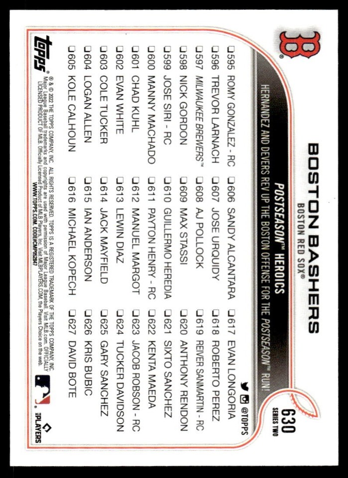 2022 Topps blue parallel 630 Boston Bashers Red Sox card Rafael Devers ...