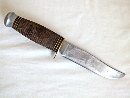 9" hunting KNIFE 5" blade stacked LEATHER HANDLE Brass tang & inserts ...
