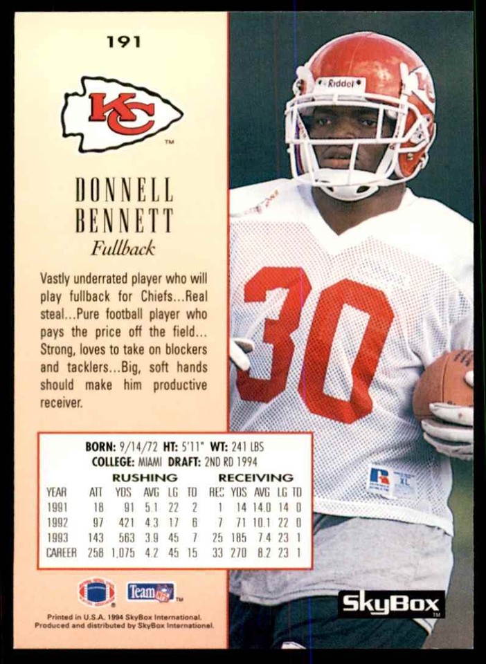 1994 Skybox. Donnell Bennett Rookie Kansas City Chiefs #191 | eBay