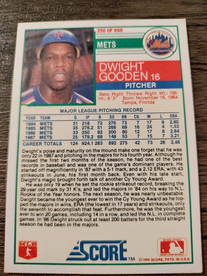 1988 SCORE DWIGHT DOC GOODEN CARD #350 NEW YORK METS | eBay