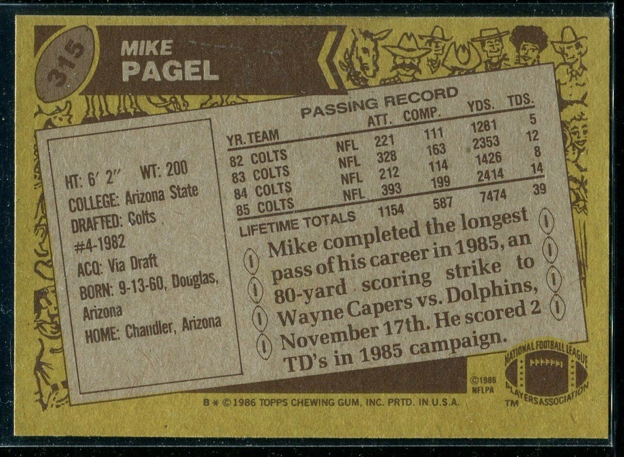 1986 Topps Football Mike Pagel #315 Indianapolis Colts | eBay