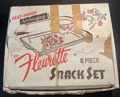 8PC ANCHOR GLASS FLEURETTE 1958-1961 GLASS SNACK SET ORIGINAL BOX TRAYS ...