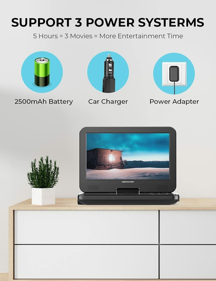DBPOWER 12" Portable DVD Player USB Built-in Rechargeable Battery ...