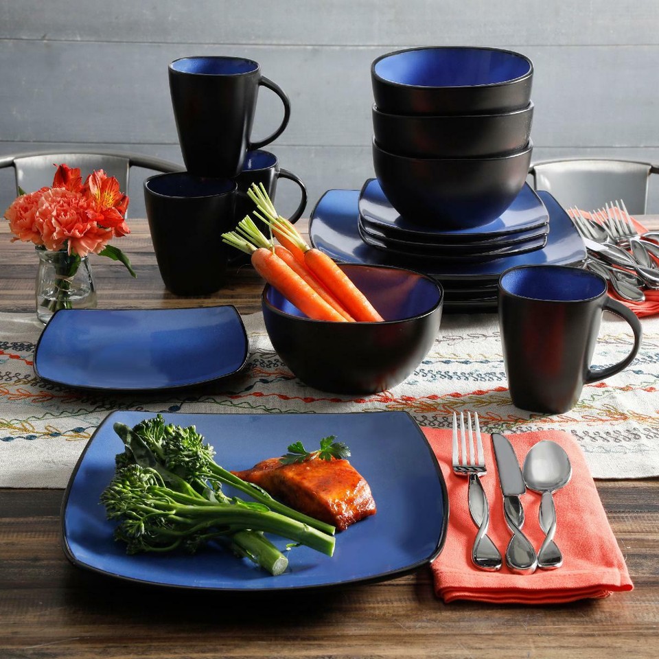 DINNERWARE SET 16-Piece Plates Bowls Mugs Dishes Stoneware Square ...