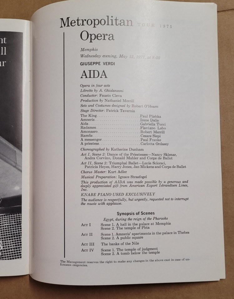 Vintage Metropolitan Opera Memphis 1971 Program Booklet RIGOLETTO ...