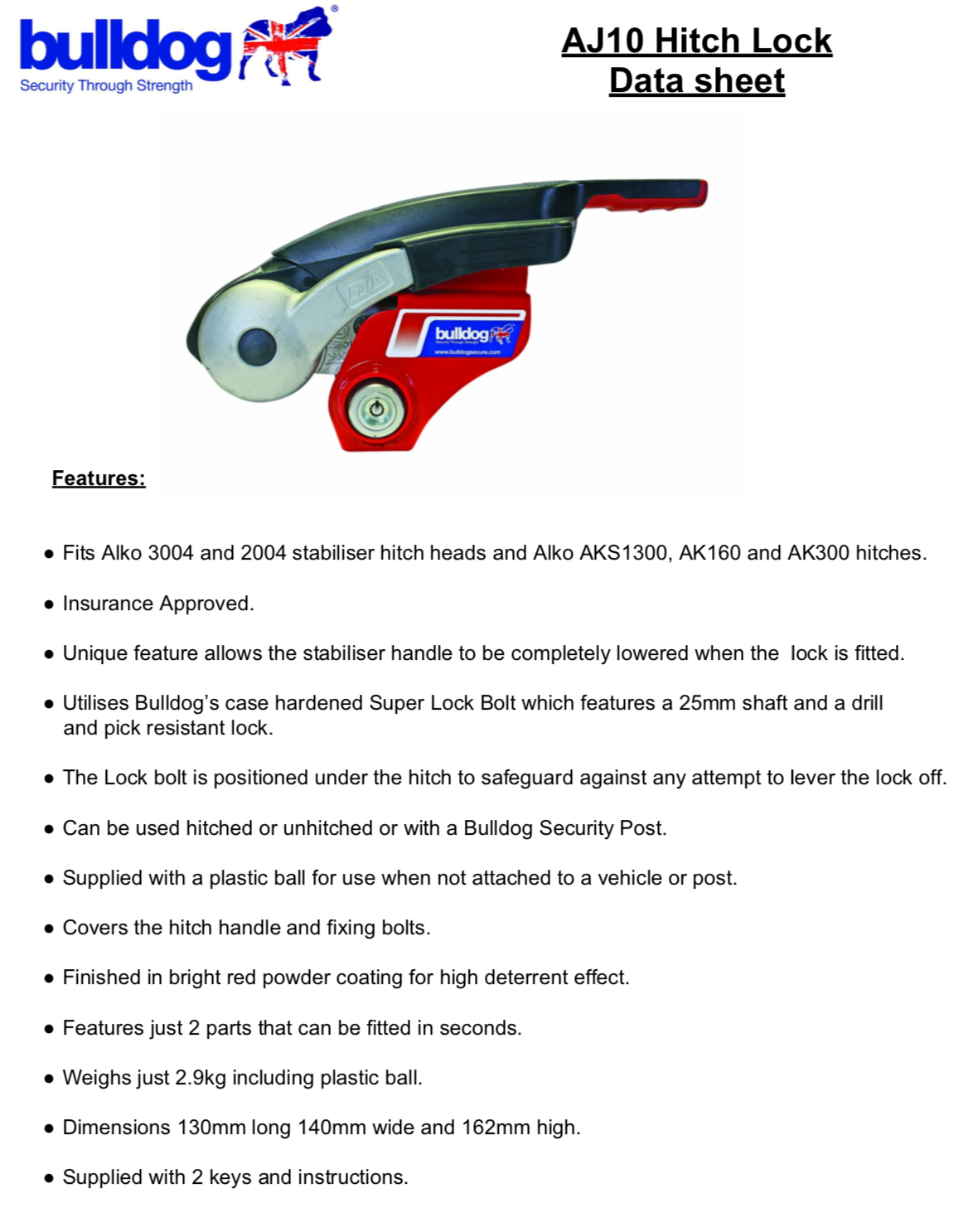 Genuine Bulldog AJ10 Caravan Hitch Lock - Alko 1300, 2004 & 3004 AK160 ...