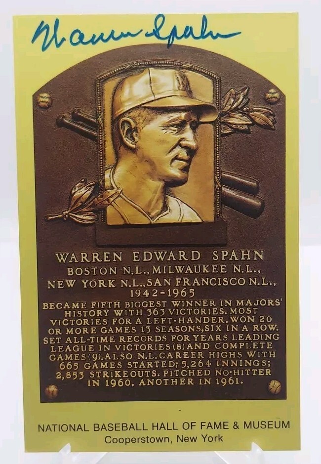 Warren Spahn Signed Auto Gold Hall of Fame Plaque HOF Postcard PSA ...