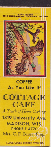 Cottage Cafe Madison Wisconsin Matchbook 1940's Pheasant Bird | eBay