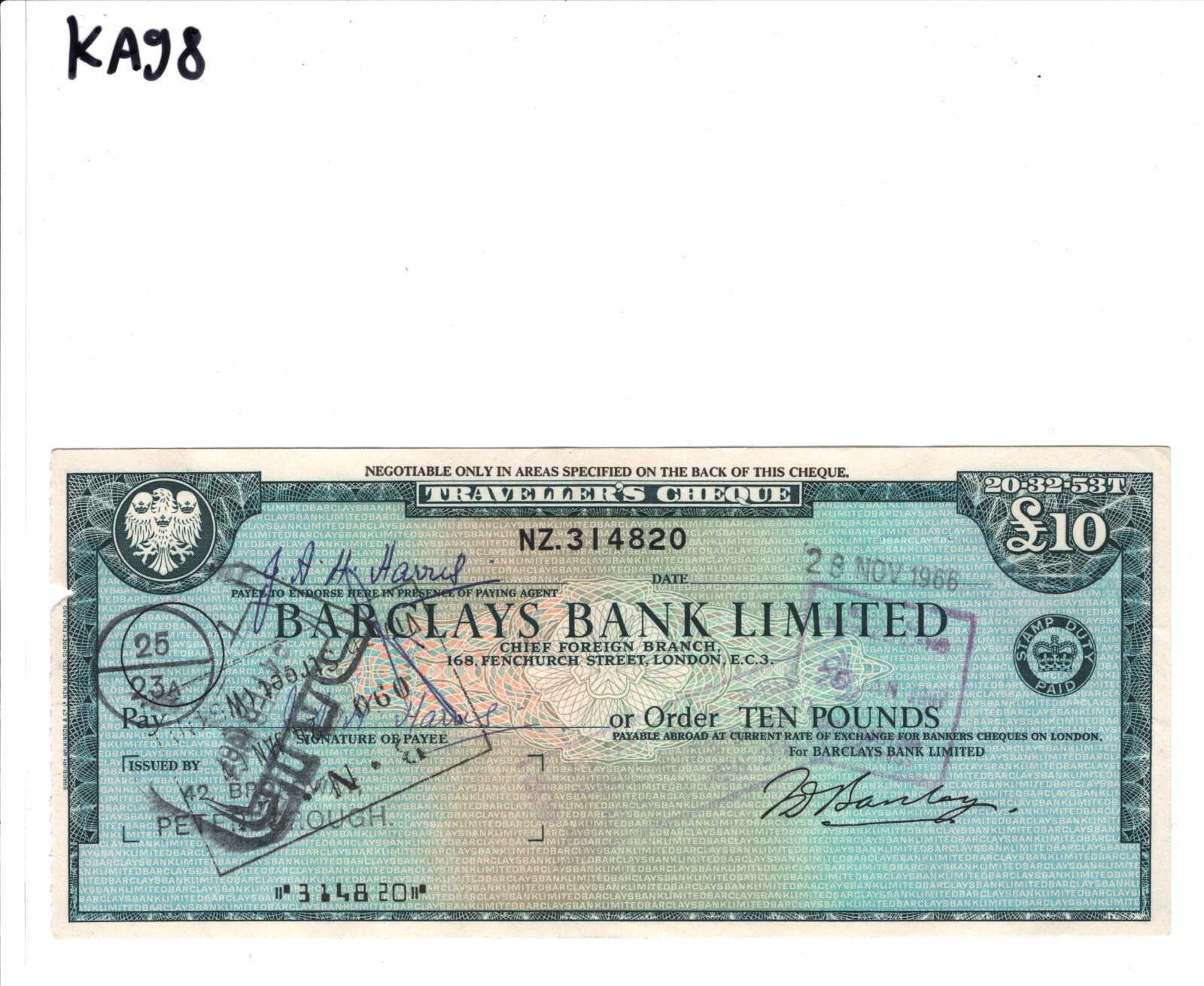 GB TRAVELLER'S CHEQUE £10 Barclays Bank NEW ZEALAND 2d Postage Stamp ...