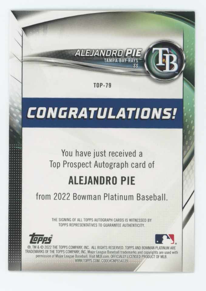 2022 BOWMAN PLATINUM ALEJANDRO PIE AUTOGRAPH PRE ROOKIE RC RAYS AUTO | eBay