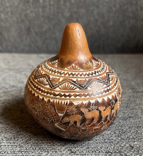 Peruvian Etched Carved Gourd Rattle Intricate Design Folk Art Scene ...